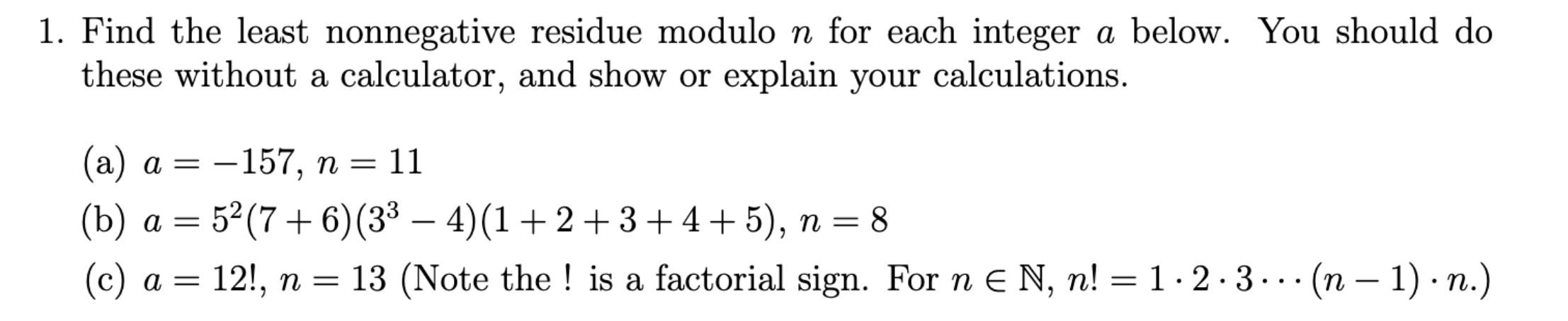 1. Find the least nonnegative residue modulo n for | Chegg.com