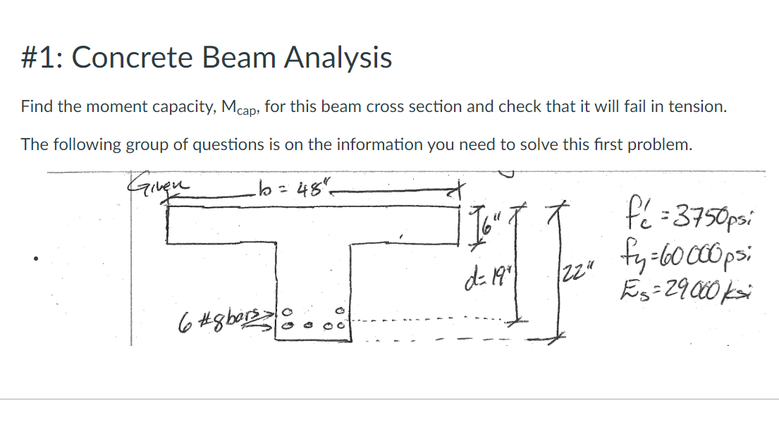 Solved \#1: Concrete Beam Analysis Find the moment capacity, | Chegg.com