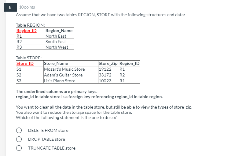 Solved 8 10 points Assume that we have two tables REGION, | Chegg.com
