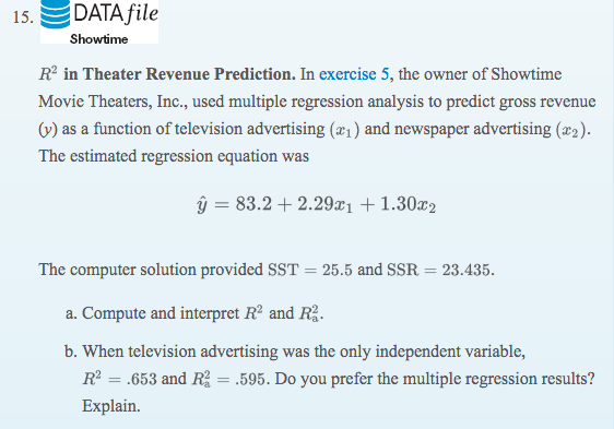 Solved 15. DATA file Showtime R² in Theater Revenue | Chegg.com