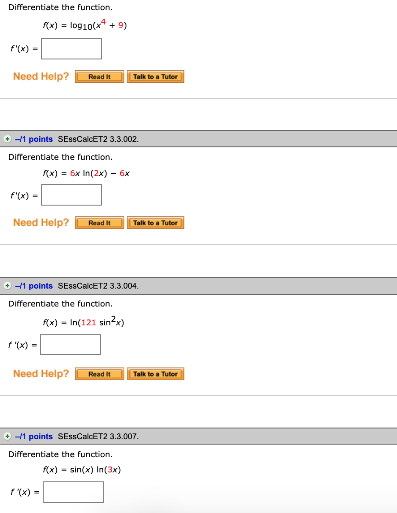 Solved Differentiate the function. f(x) - log10(x4 +9) f(x) | Chegg.com