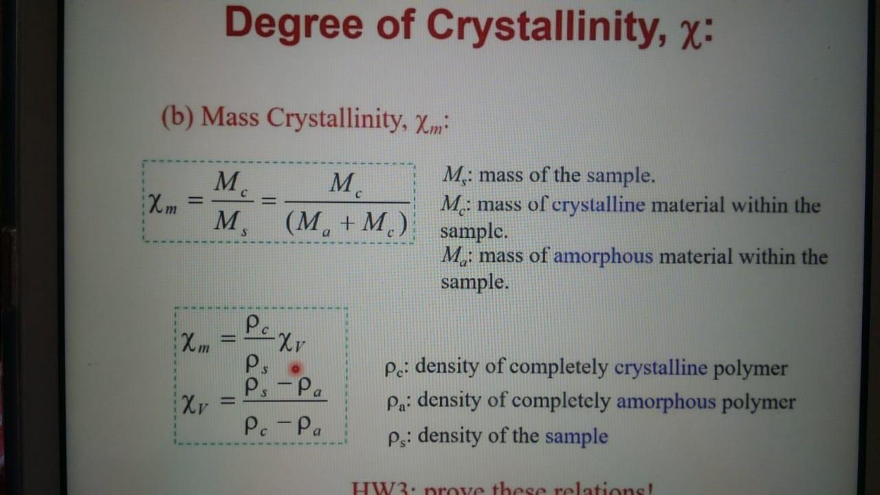 Solved Degree of Crystallinity, x: (b) Mass Crystallinity, | Chegg.com