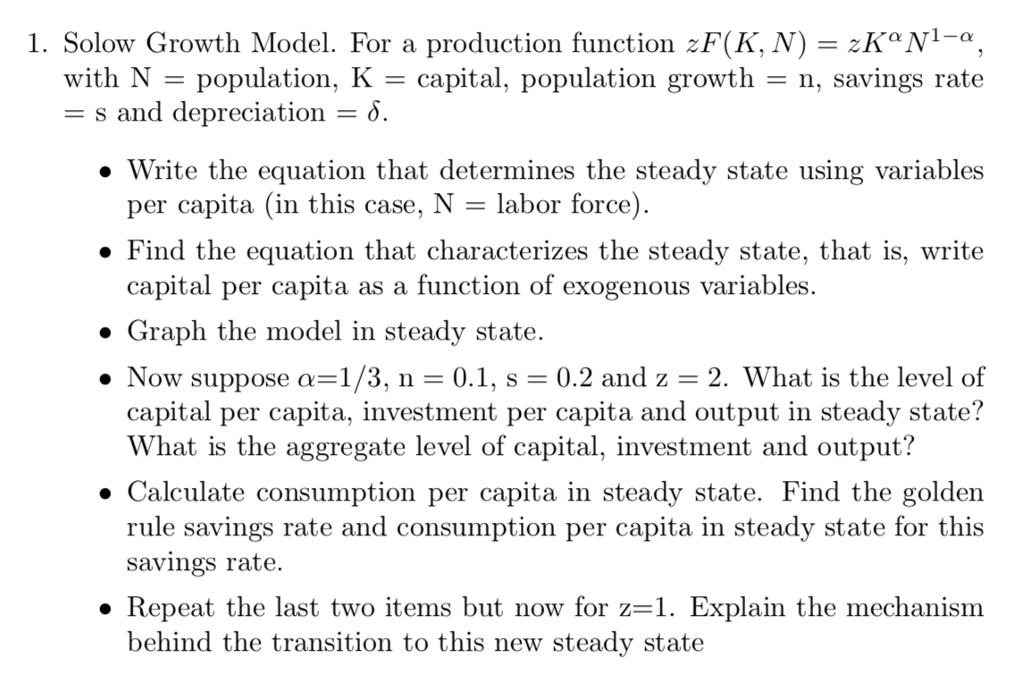 Solved 1. Solow Growth Model. For a production function | Chegg.com