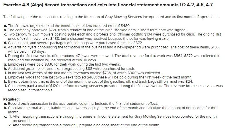 Solved Exercise 4-8 (Algo) Record transactions and calculate | Chegg.com