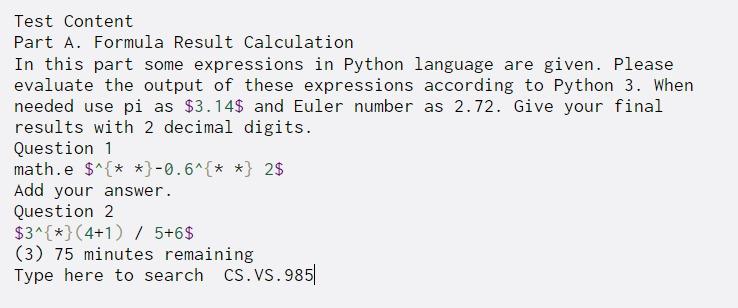 Solved Test Content Part A. Formula Result Calculation In | Chegg.com