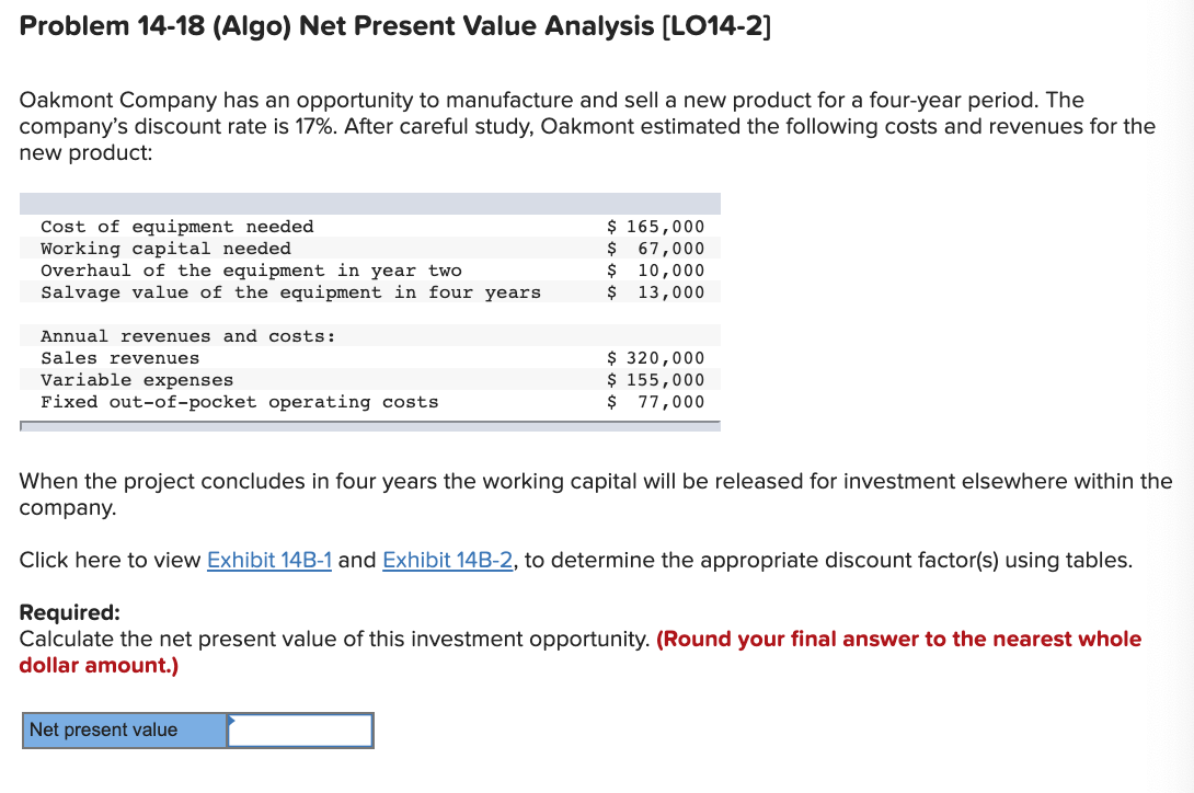 Solved Problem 14-18 (Algo) Net Present Value Analysis | Chegg.com