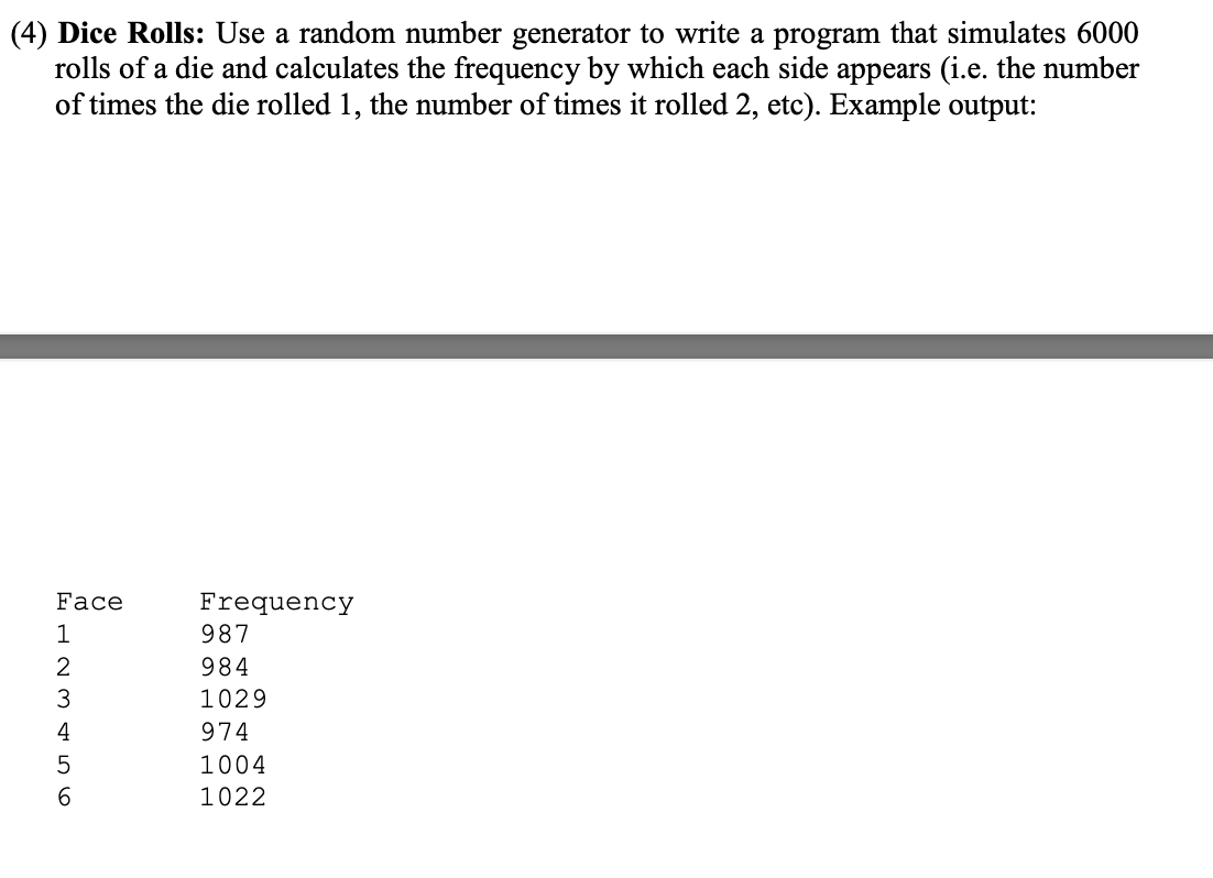 Solved 4) Dice Rolls: Use a random number generator to write | Chegg.com