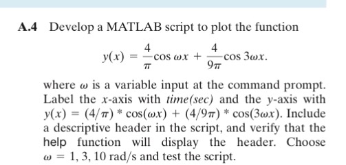 Solved A.4 Develop a MATLAB script to plot the function 4 | Chegg.com