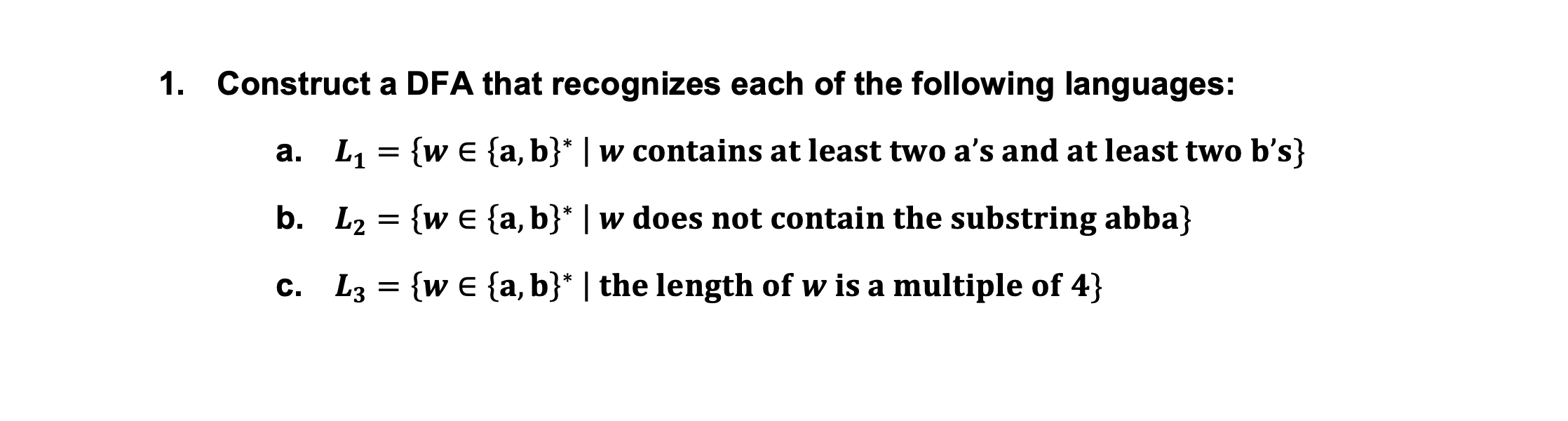 Solved 1. Construct a DFA that recognizes each of the | Chegg.com