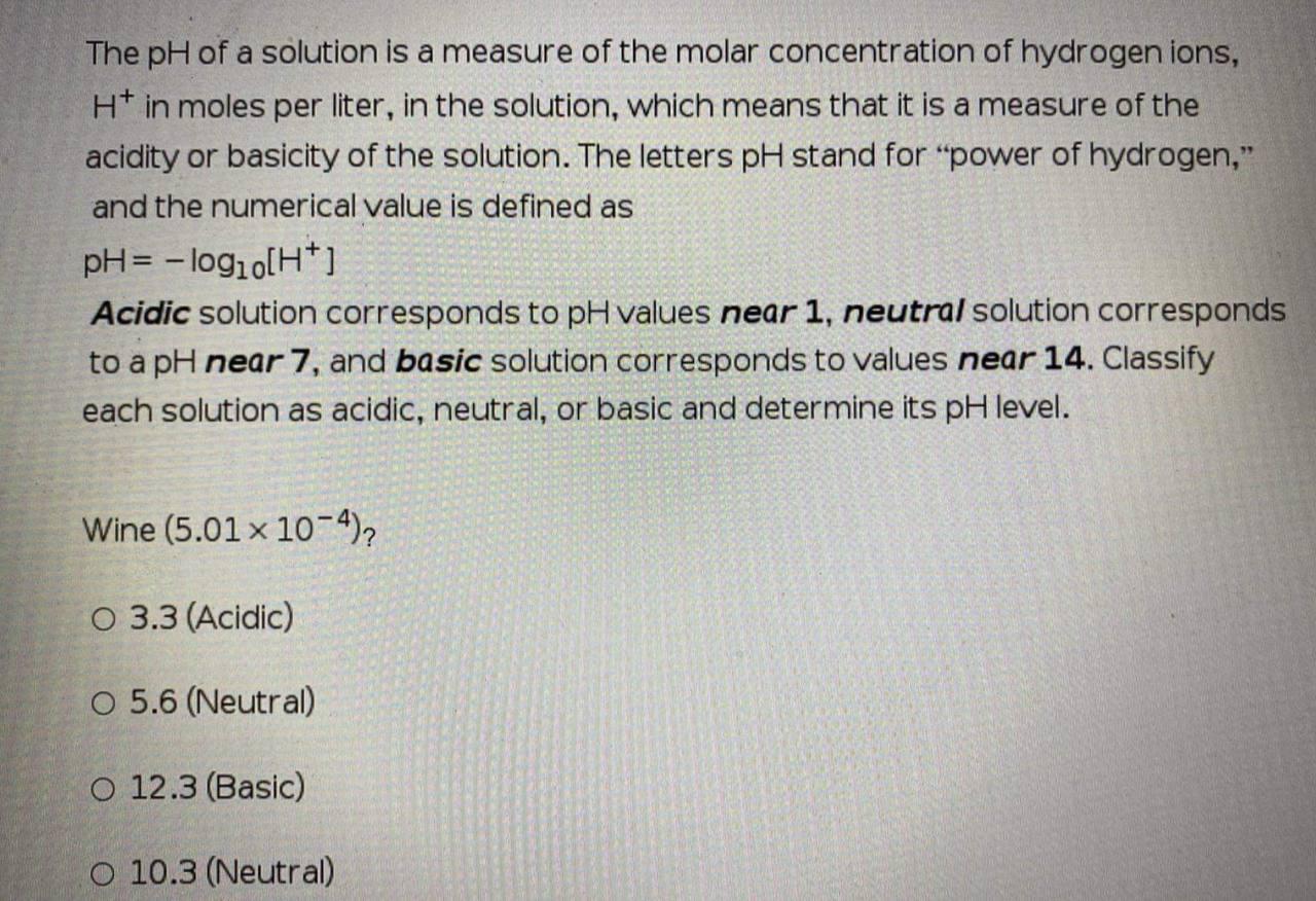 Solved The pH of a solution is a measure of the molar | Chegg.com
