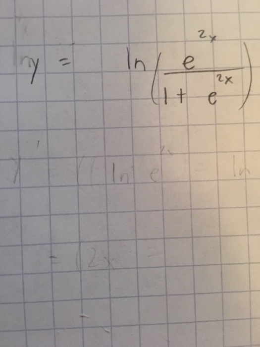Solved Find the derivative y = ln (e^2x/1 + e^2x) | Chegg.com
