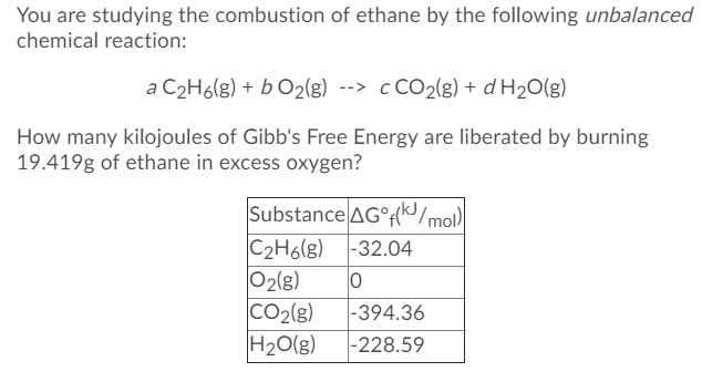 Solved You are studying the combustion of ethane by the | Chegg.com