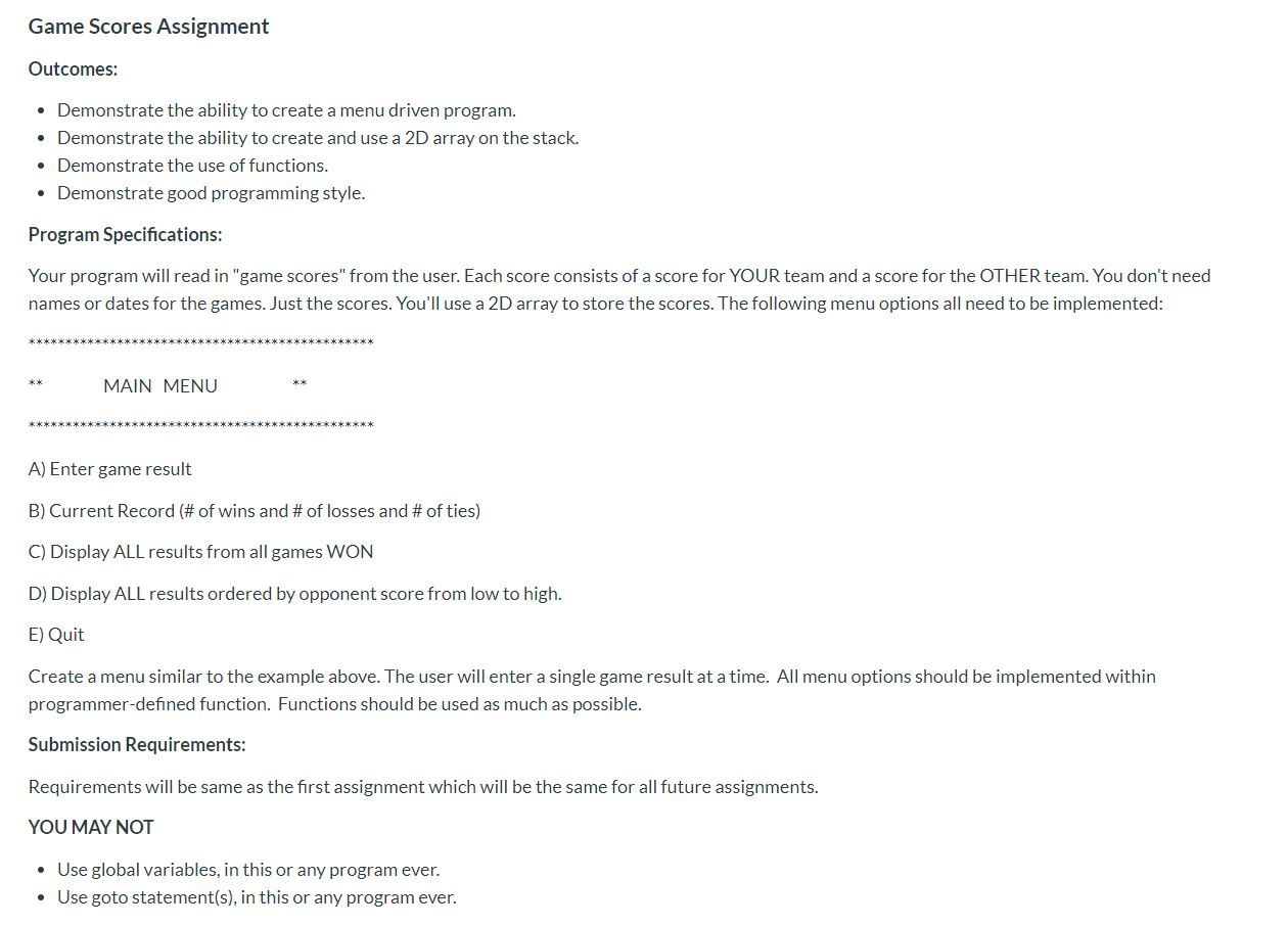 Solved Game Scores Assignment Outcomes: • Demonstrate the | Chegg.com