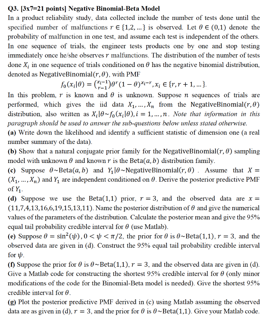 Q3. [3x7=21 points] Negative Binomial-Beta Model In a | Chegg.com