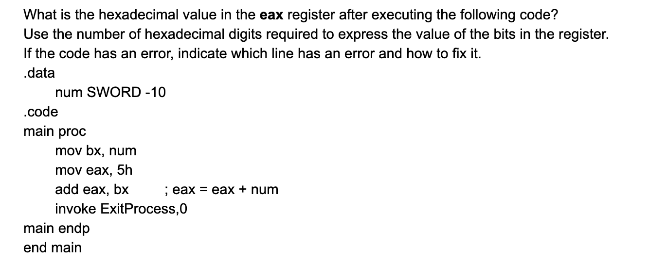 What is the hexadecimal value in the eax register | Chegg.com