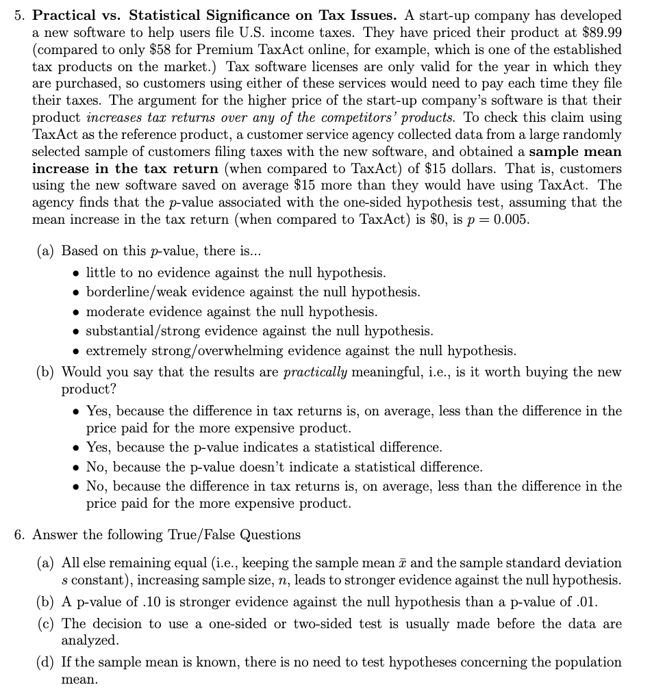 Solved 5. Practical vs. Statistical Significance on Tax | Chegg.com