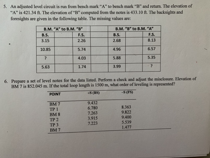 Solved 5. An adjusted level circuit is run from bench mark | Chegg.com