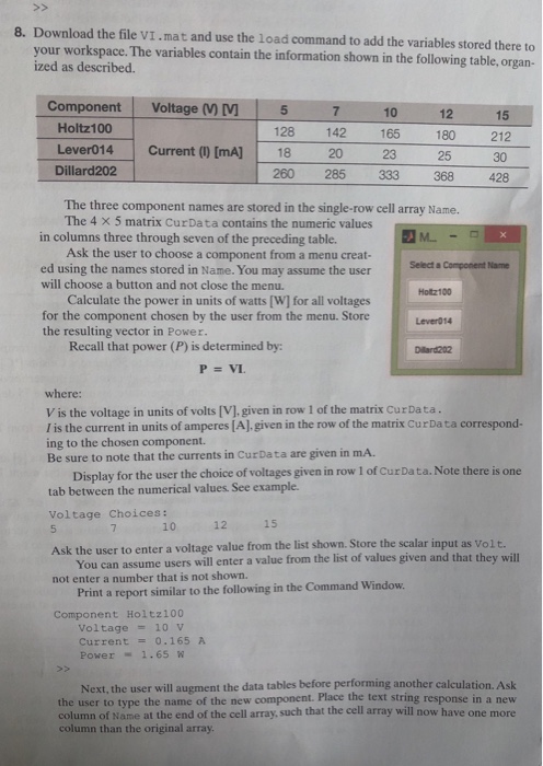 Solved 8. Download the file VI.mat and use the load command | Chegg.com