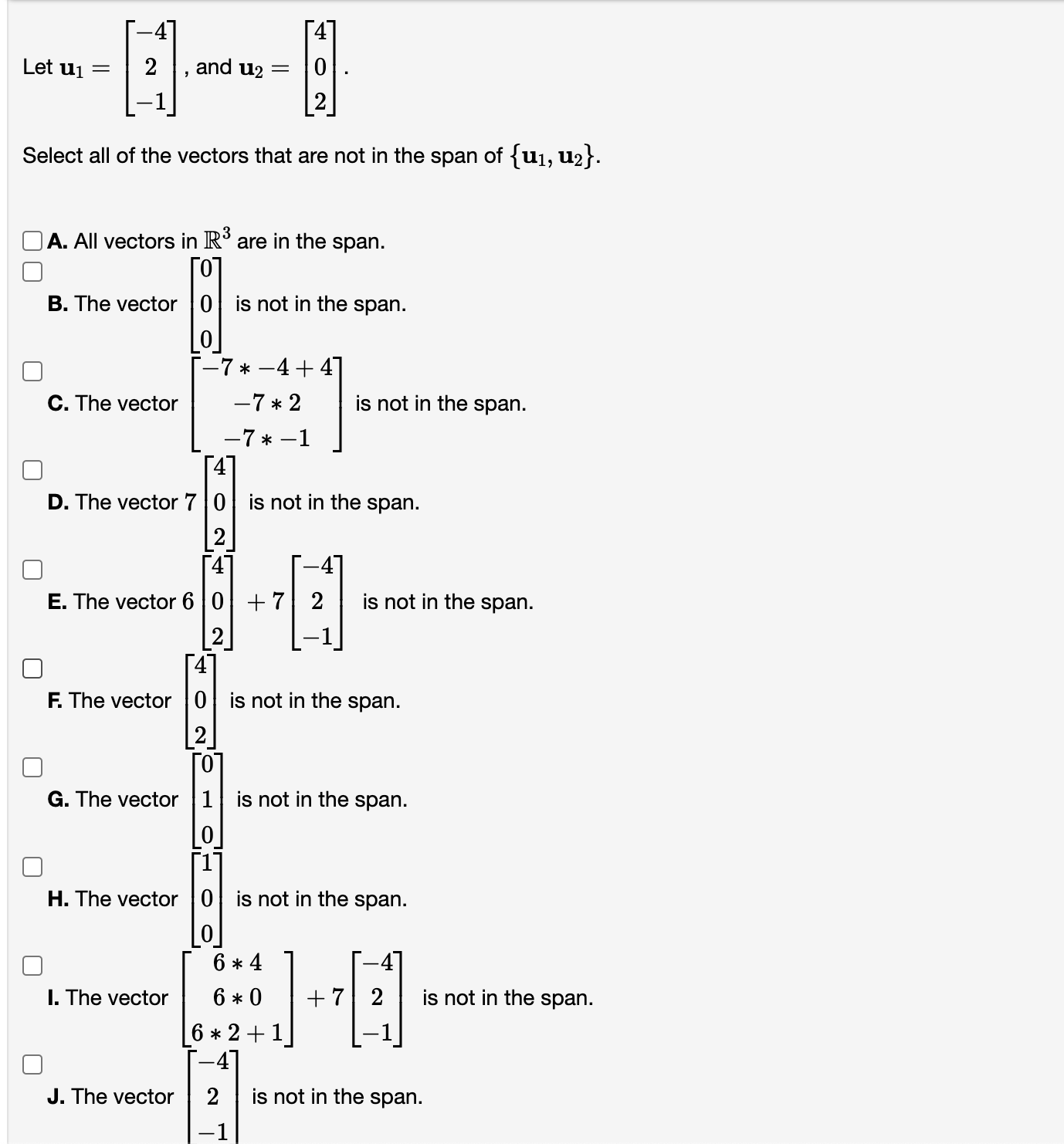 Solved Let u1=[-42-1], ﻿and u2=[402]Select all of the | Chegg.com