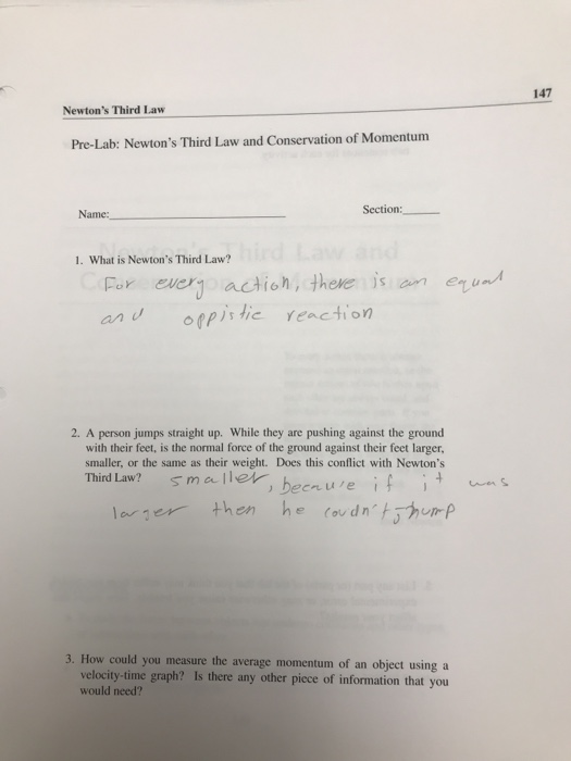Solved 147 Newton's Third Law Pre-Lab: Newton's Third Law | Chegg.com