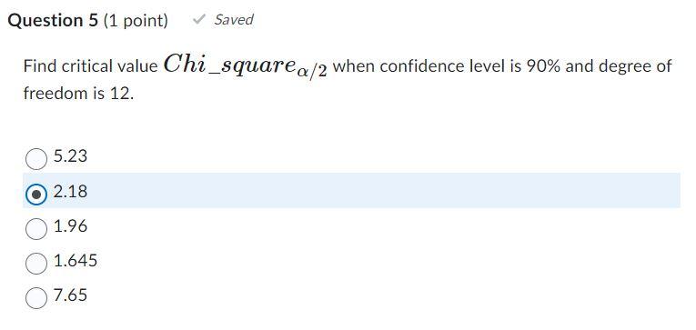 Solved Find critical value Chi i−squareα/2 when confidence | Chegg.com