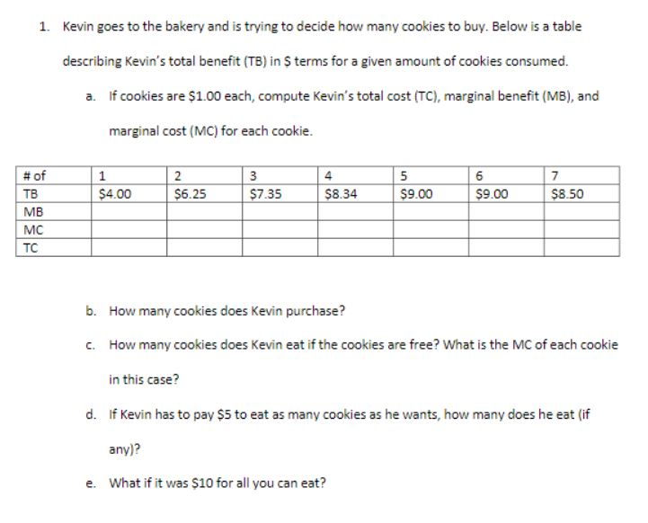 Solved 1. Kevin goes to the bakery and is trying to decide | Chegg.com