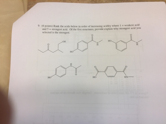 Solved 9, (6 points) Rank the acids below in order of | Chegg.com