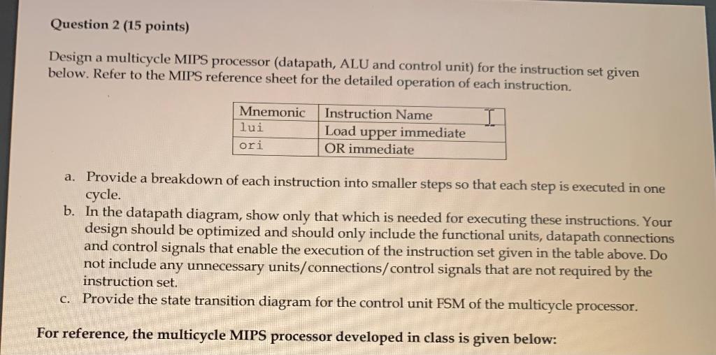 Solved Question 2 (15 points) Design a multicycle MIPS | Chegg.com