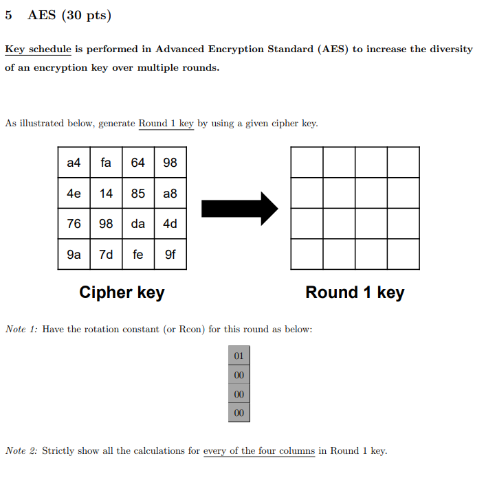 Solved 5 AES (30 pts) Key schedule is performed in Advanced | Chegg.com