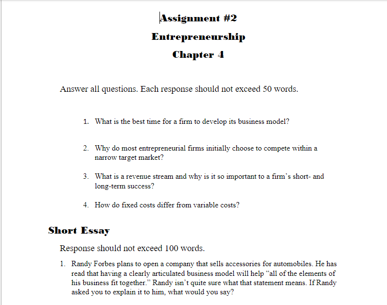 Solved Assignment #2 Entrepreneurship Chapter 4 Answer all | Chegg.com