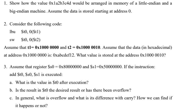 Solved 1. Show how the value Oxla2b3c4d would be arranged in | Chegg.com