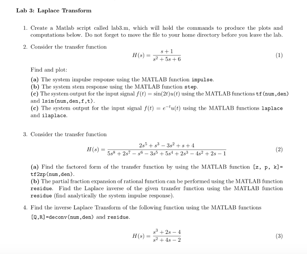 Solved Lab 3 Laplace Transform 1 Create A Matlab Script