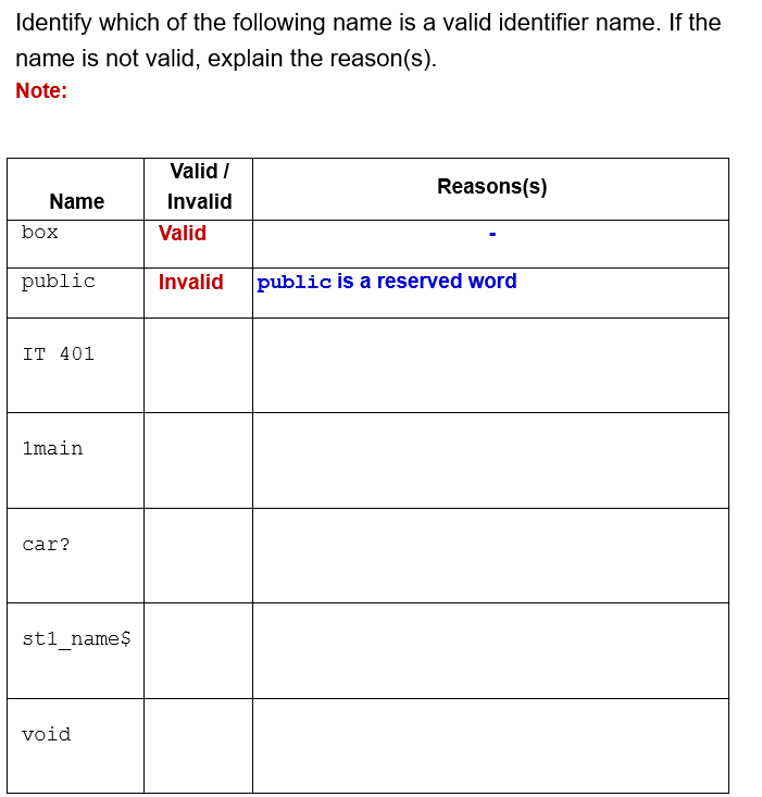 Solved Identify which of the following name is a valid | Chegg.com