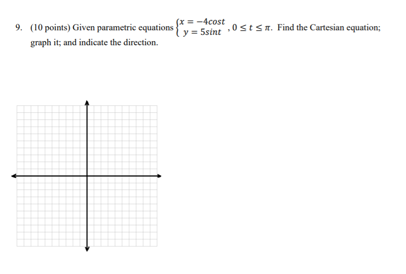 Solved (x = -4cost 9. (10 points) Given parametric equations | Chegg.com Solved (x = -4cost 9. (10 points) Given parametric equations | Chegg.com