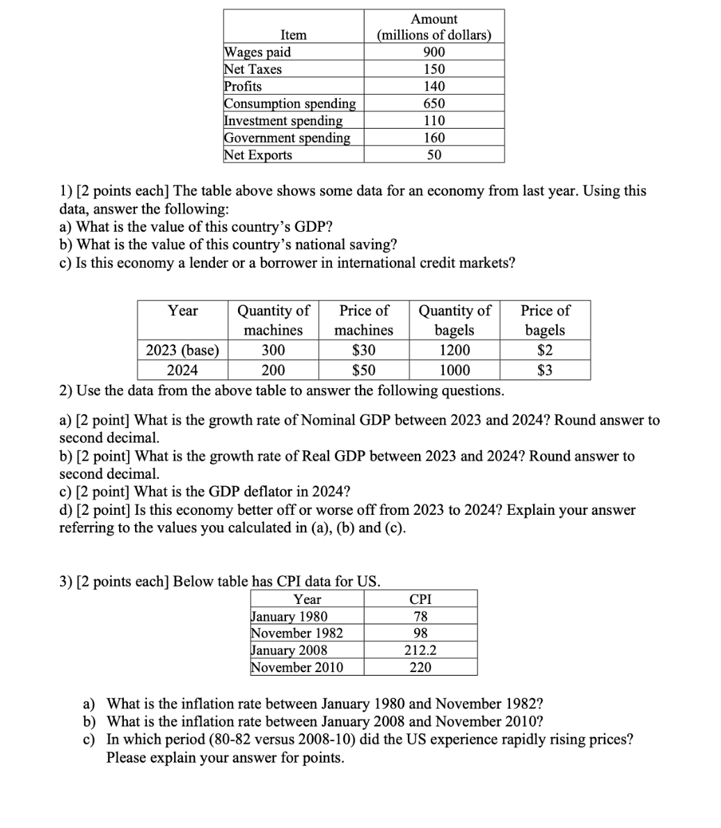 Solved [2 ﻿points each] ﻿The table above shows some data for | Chegg.com