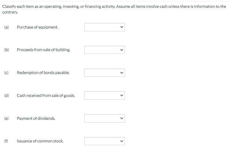 Solved Classify each item as an operating, investing, or | Chegg.com