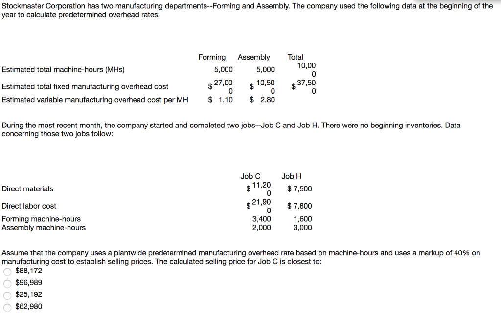Solved Stockmaster Corporation has two manufacturing | Chegg.com