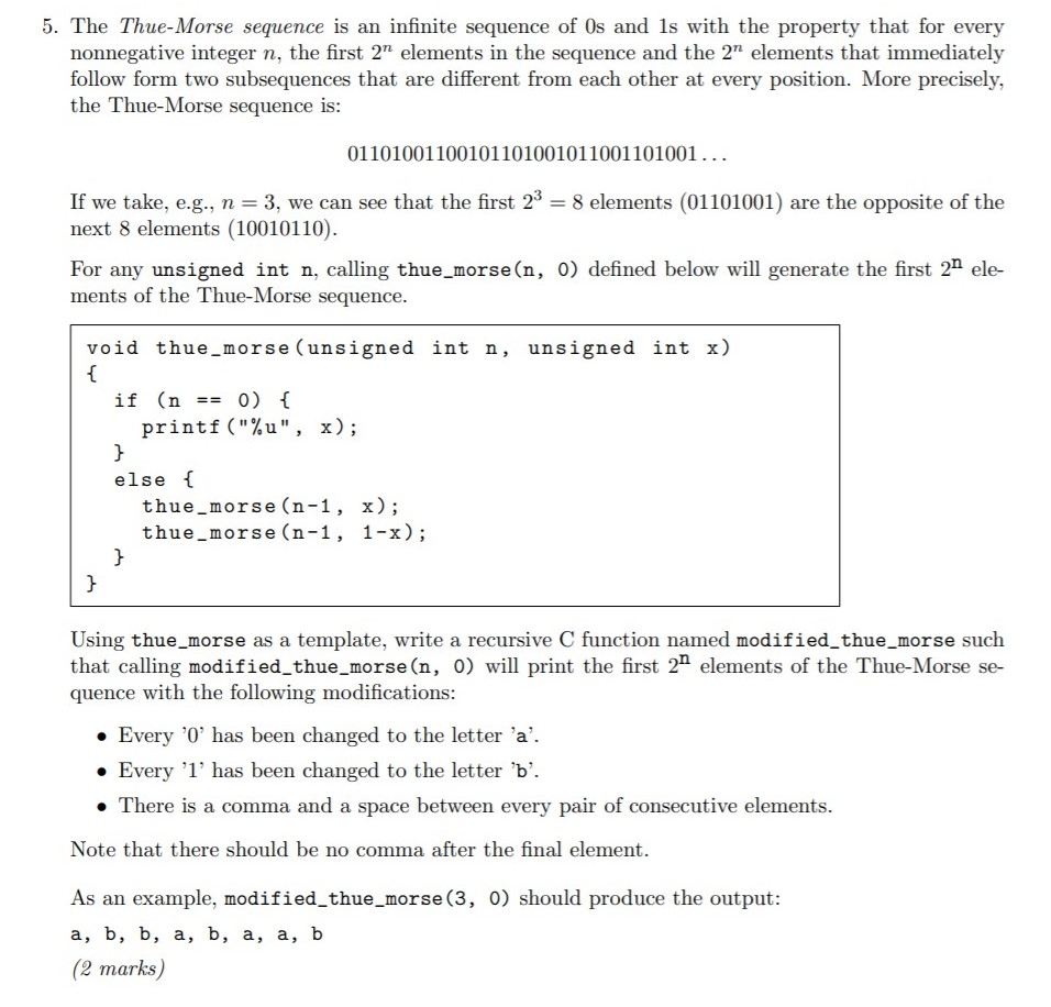 Solved 5. The Thue-Morse sequence is an infinite sequence of | Chegg.com