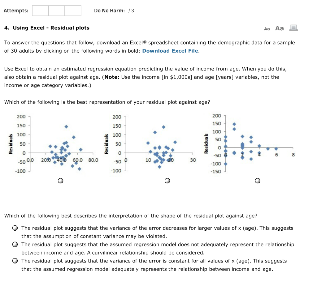 Solved Attempts: Do No Harm: /3 4. Using Excel - Residual | Chegg.com