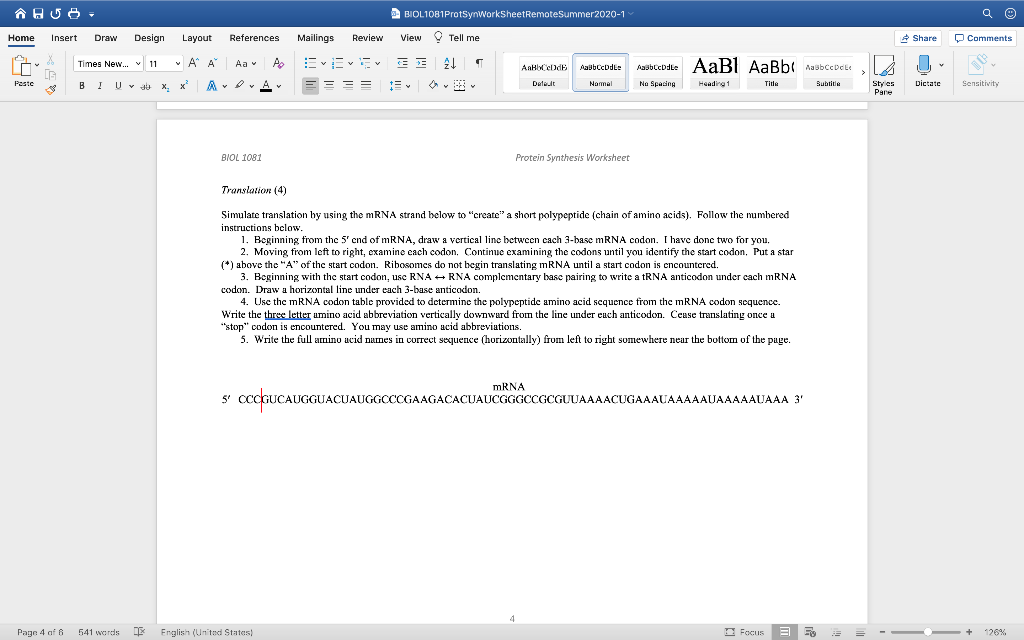 Solved AHU BIOL1081ProtSynworksheetRemoteSummer2020-1 a Home | Chegg.com
