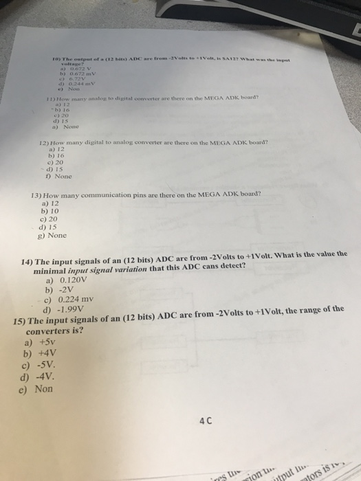 Solved 10) The output of a (12 bäts) ADC are froms-2Volts to | Chegg.com