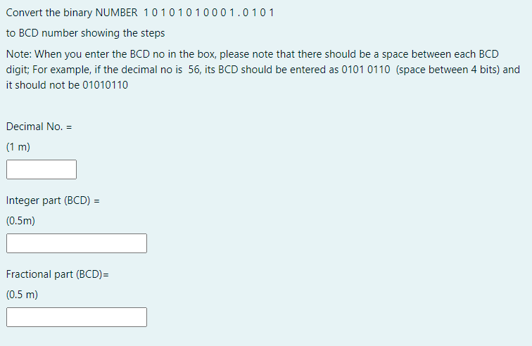 Solved Convert the binary NUMBER 10101010001.0101 to BCD | Chegg.com