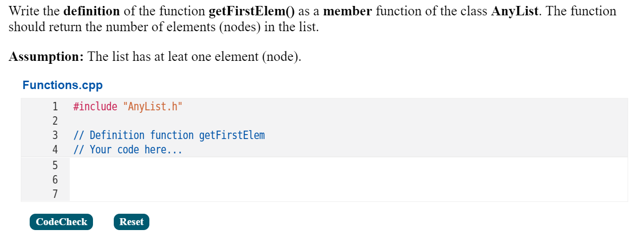 Solved Write the definition of the function getFirstElem() | Chegg.com