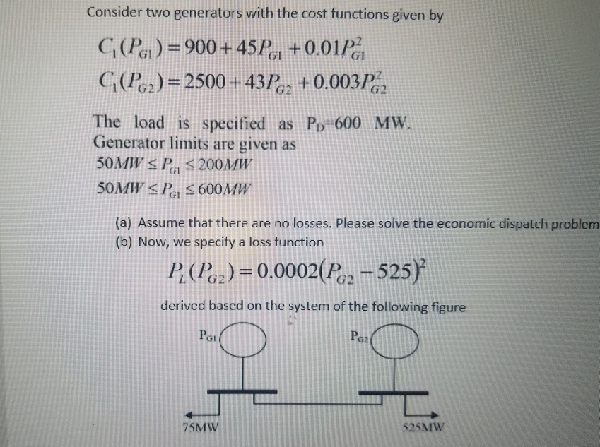 Solved Consider two generators with the cost functions given | Chegg.com