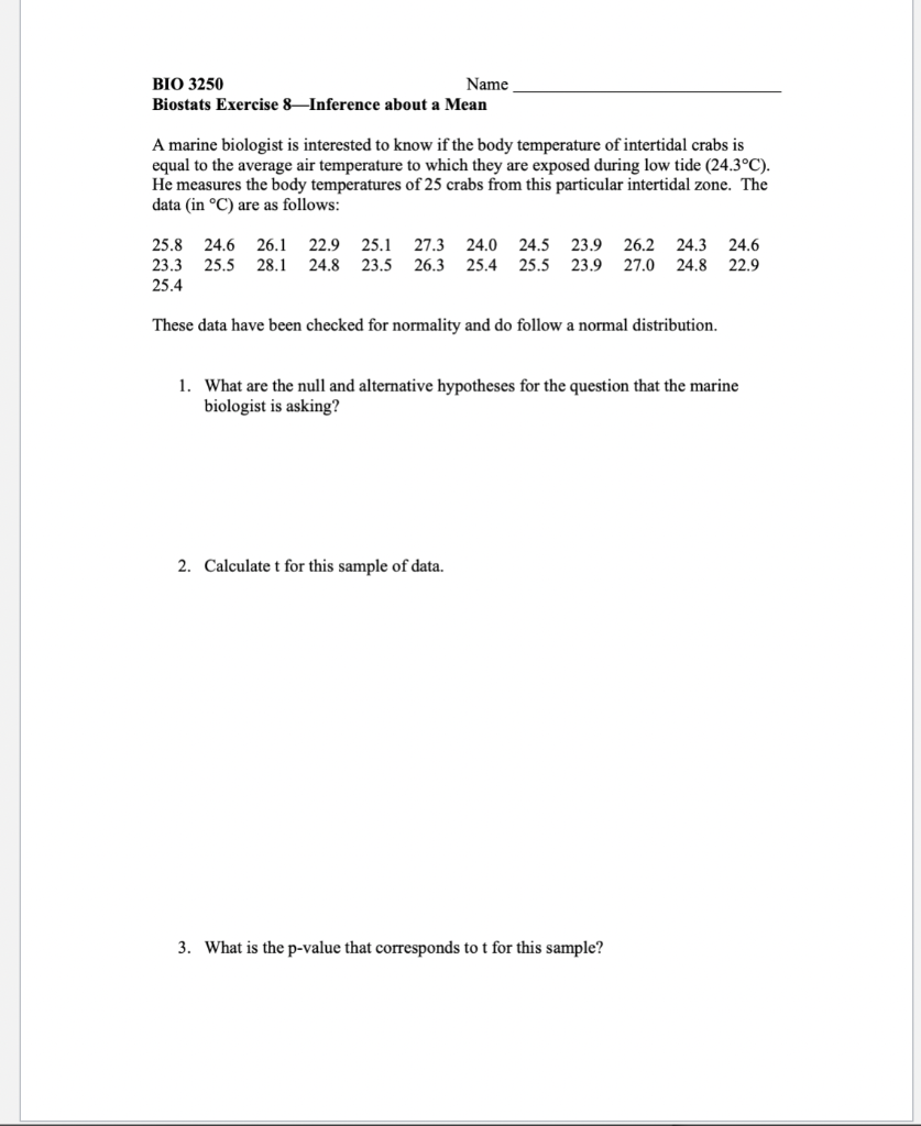 Solved BIO 3250 Name Biostats Exercise 8-Inference about a | Chegg.com