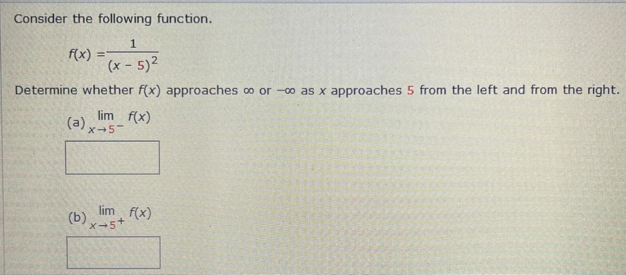 Solved Consider the following function. f(x)=(x−5)21 | Chegg.com Solved Consider the following function. f(x)=(x−5)21 | Chegg.com