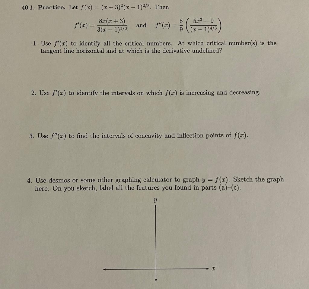Solved 1. Practice. Let f(x)=(x+3)2(x−1)2/3. Then | Chegg.com