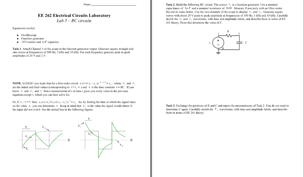 Name EE 262 Electrical Circuits Laboratory Lab 5 - RC | Chegg.com