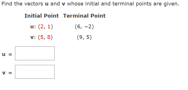 Solved Find the vectors u and v whose initial and terminal | Chegg.com