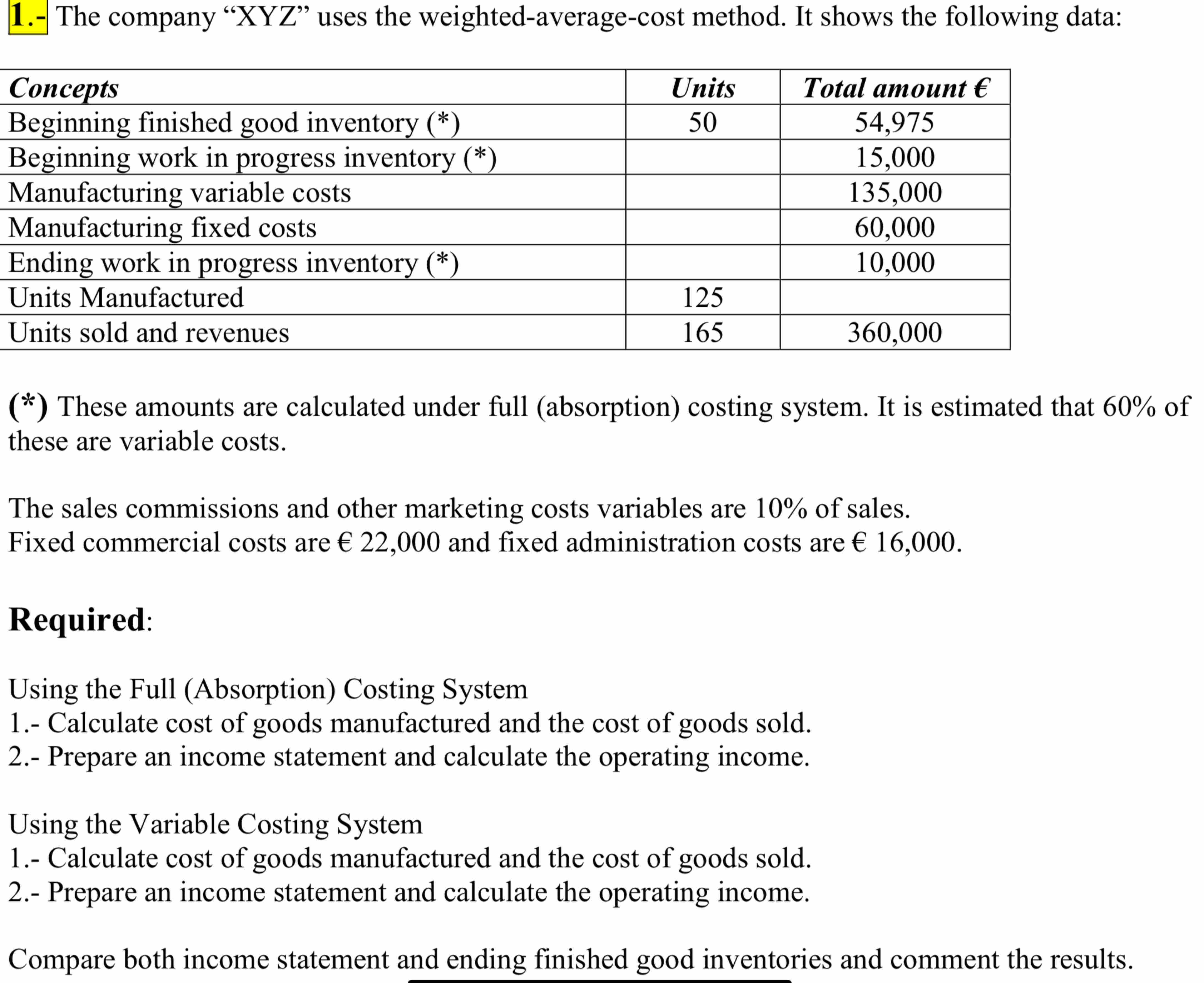 Solved 1.- ﻿The company "XYZ" ﻿uses the | Chegg.com